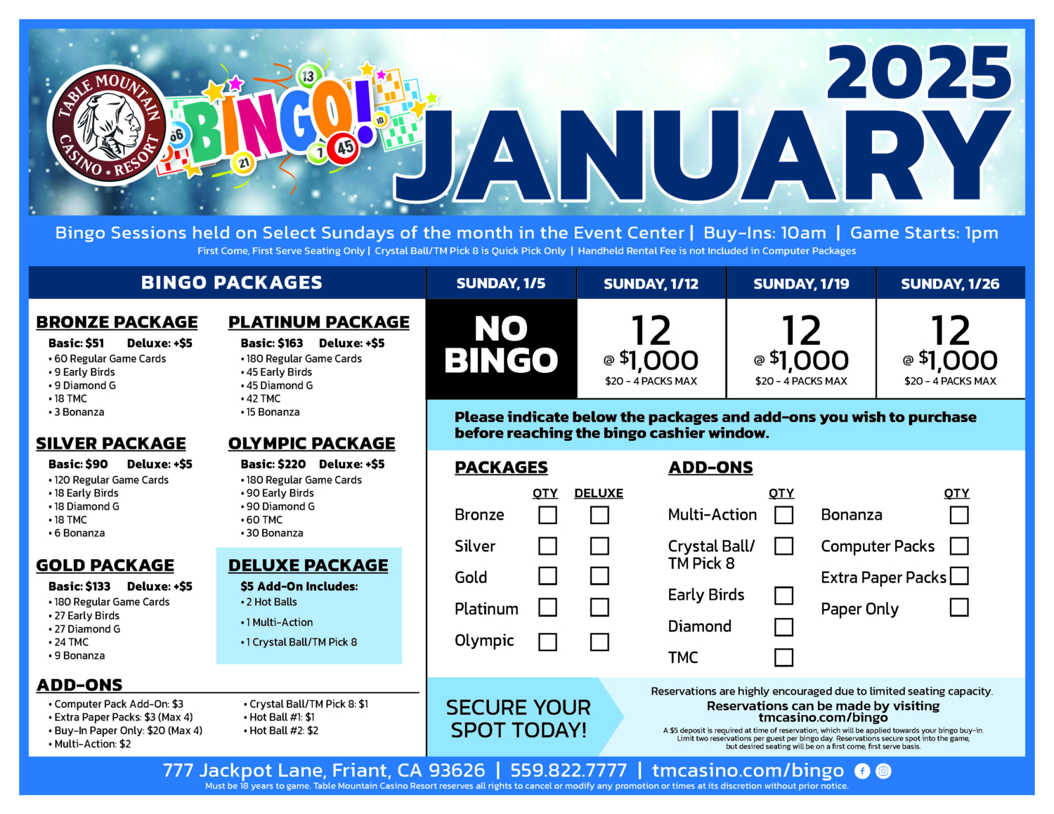Bingo - Table Mountain Casino: Slots, Table Games, Entertainment & More