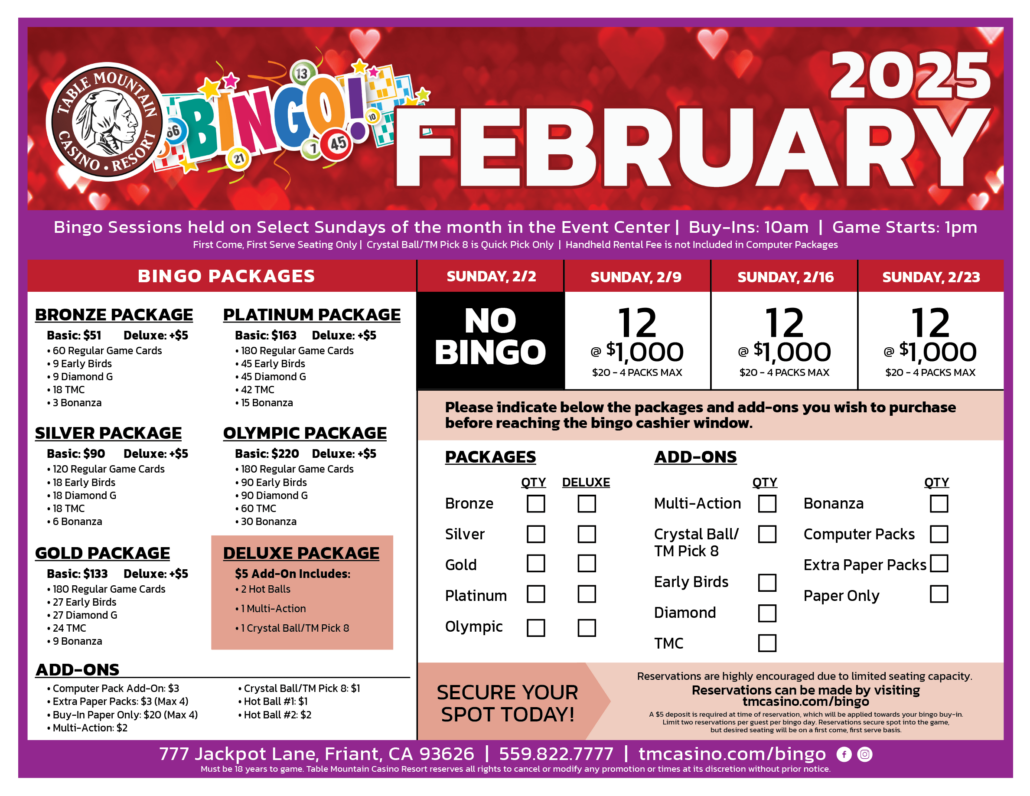 Bingo - Table Mountain Casino: Slots, Table Games, Entertainment & More